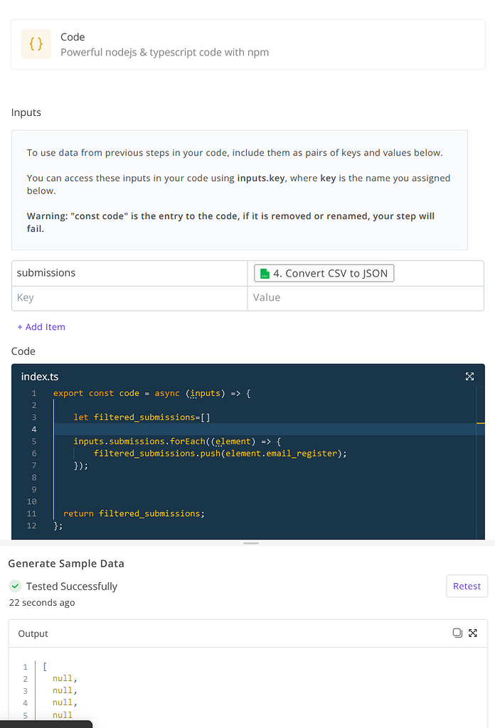 Action "Code " - Generate Sample Data does not reflect CSV to JSON with headers - Need help ...